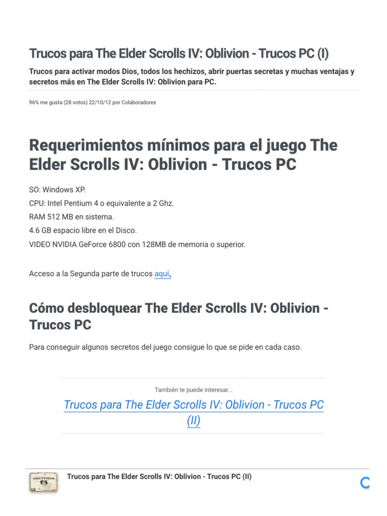 Trucos para The Elder Scrolls IV - Oblivion - Trucos PC (I) | PDF | Informática | Hardware de la ...