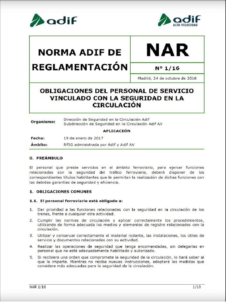 Obligaciones de Seguridad en Circulación ADIF | PDF