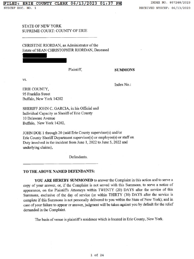 Summons-Complaint Filing For Sean Riordan - Redacted | PDF