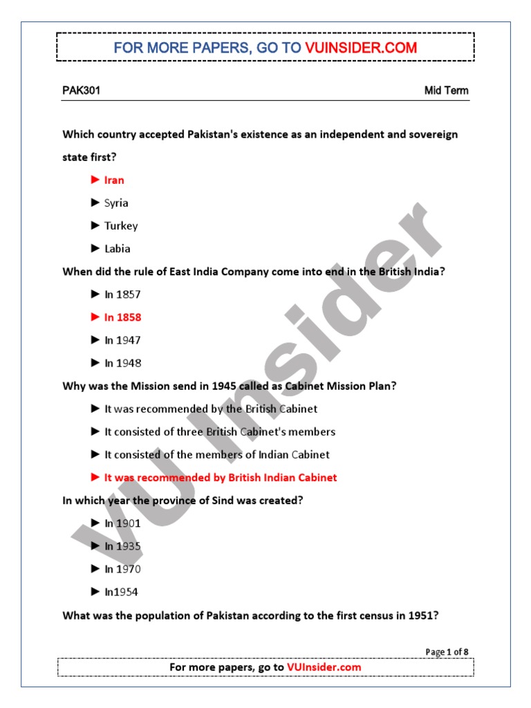 PAK301 Mid Term Past Paper 1 | PDF