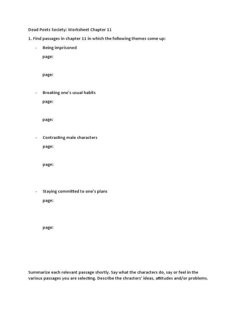 Dead Poets Society, Worksheet Chapter 11 | PDF