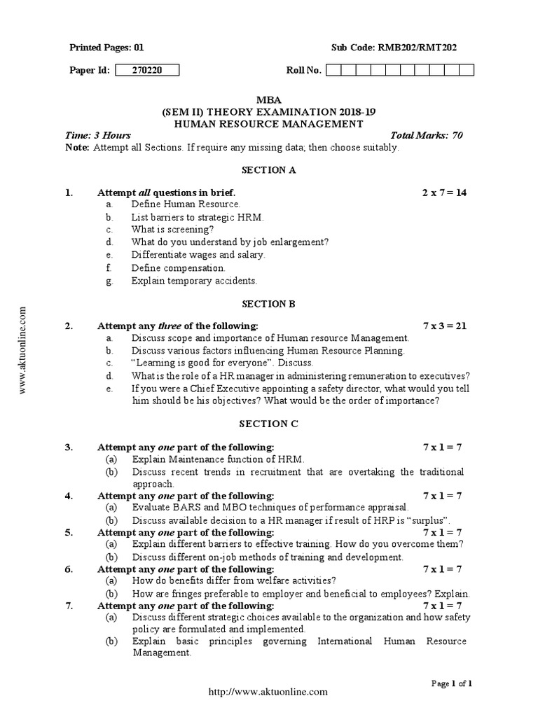 MBA 2nd Sem HRM Exam Paper 2018-19 | PDF | Career & Growth | Business