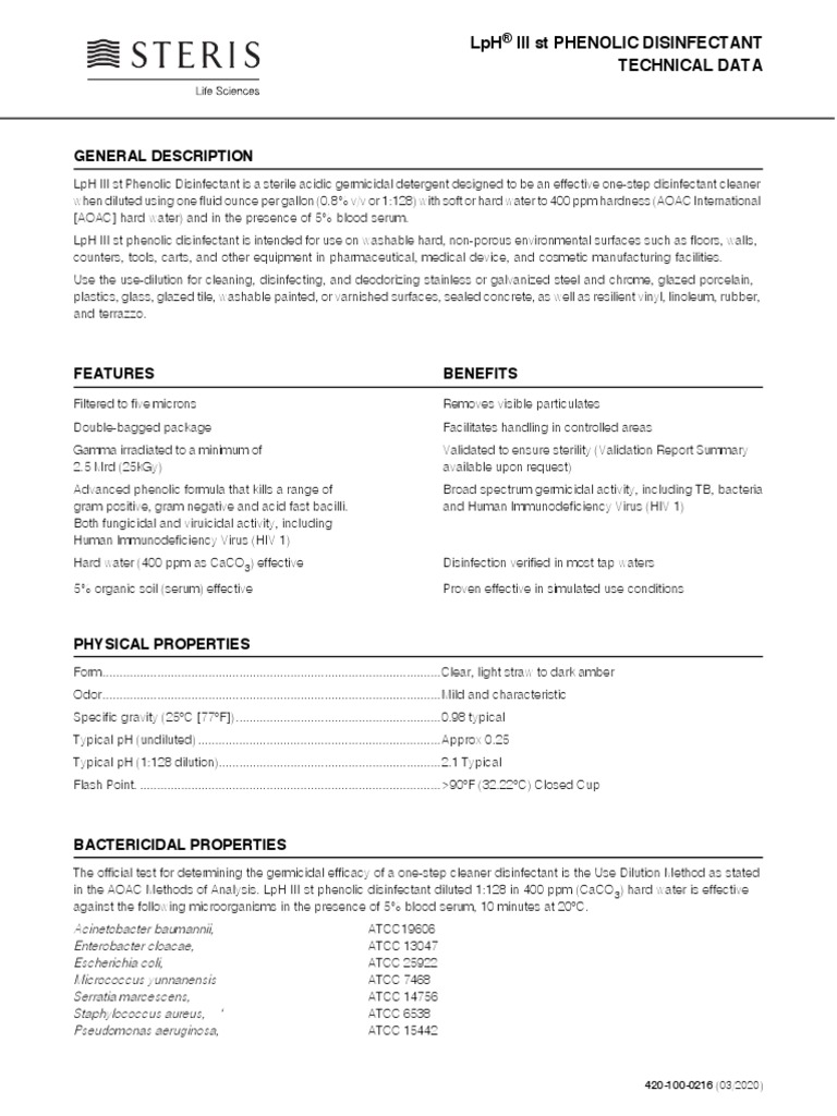 STERIS - LPH III ST Phenolic Disinfectant - TDS - 420 100 0216A | PDF ...