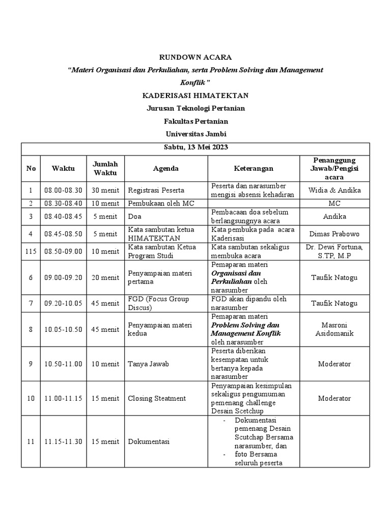 RUNDOWN ACARA Materi Organisasi & Perkuliahan, Dan Problem Solving ...