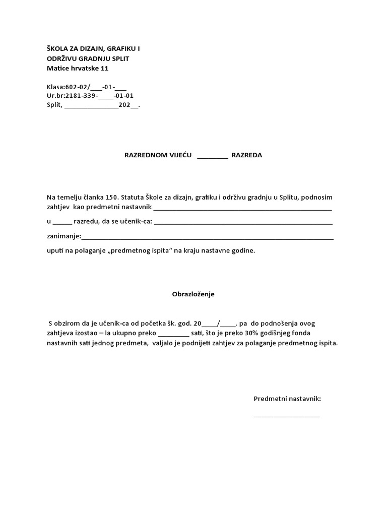 Zahtjev Za Predmetni Ispit | PDF