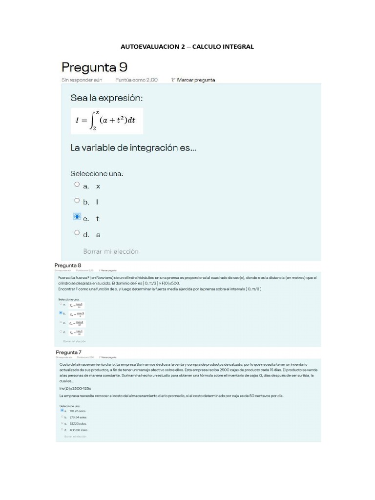AUTOEVALUACION 2 CALCULO INTEGRAL | PDF