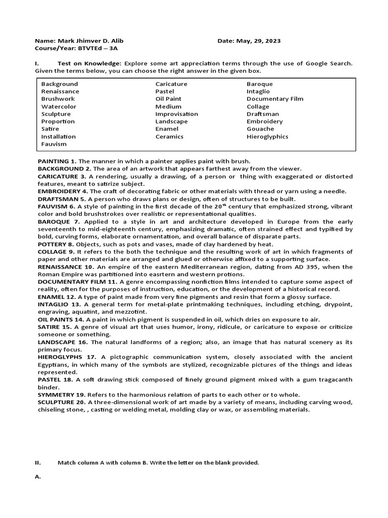 Quiz Art Appreciation (BTVTEd 3A) - Alib | PDF | Paintings | Printmaking
