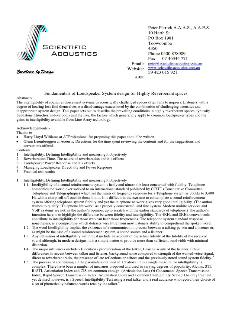 Fundamentals of Loudspeaker System Design For Highly Reverberant Spaces ...