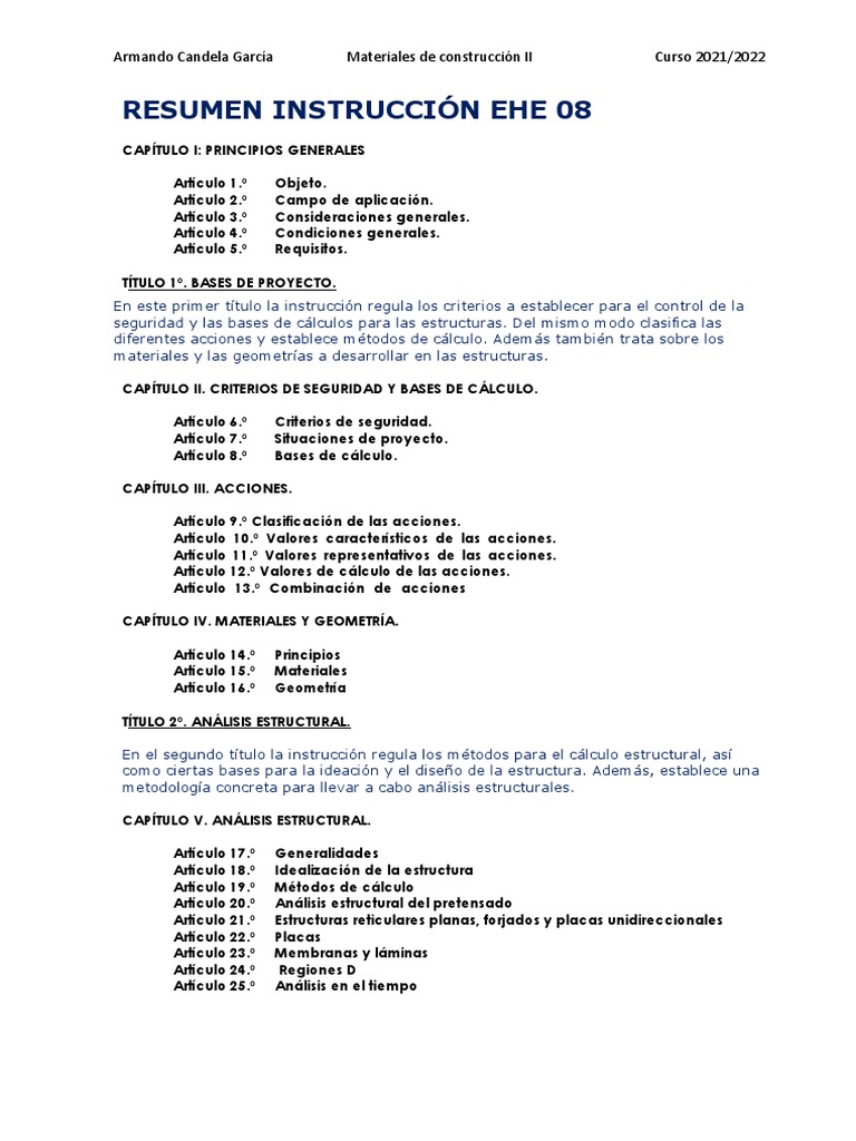 RESUMEN INSTRUCCIÓN EHE 08 | PDF | Hormigón | Ingeniero civil