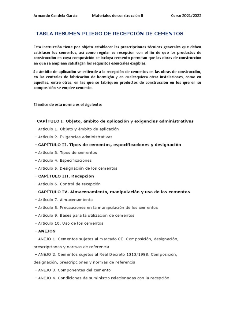 Tabla Pliego Recepción Cementos | PDF