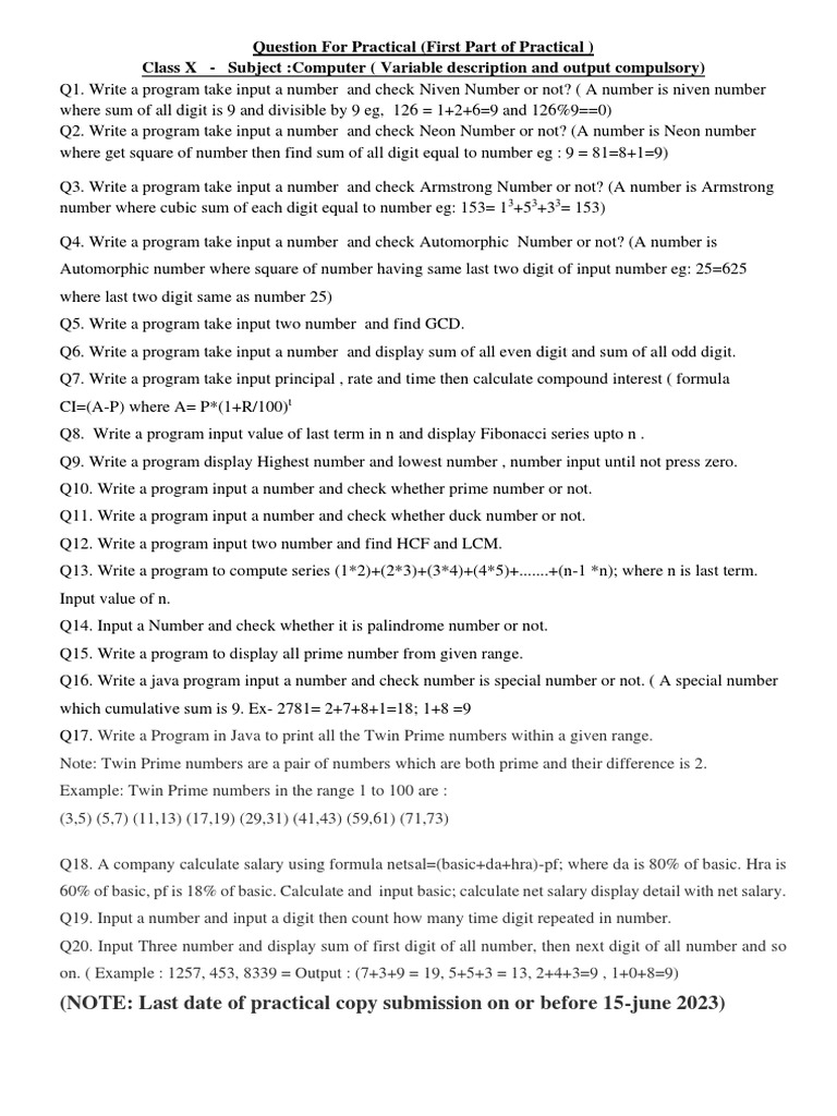 Class 10 Computer Practical Summer Work | PDF | Numbers | Prime Number