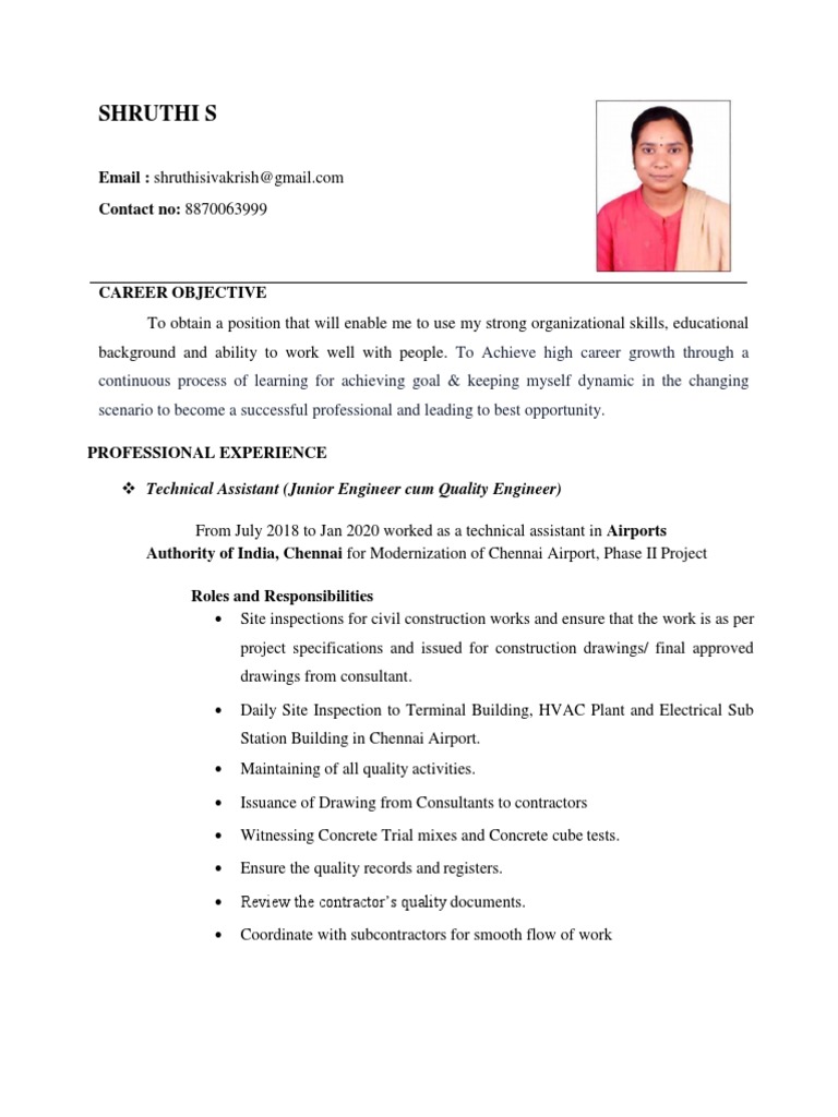 Civil Engineer Resume - Shruthi S. | PDF | Engineering