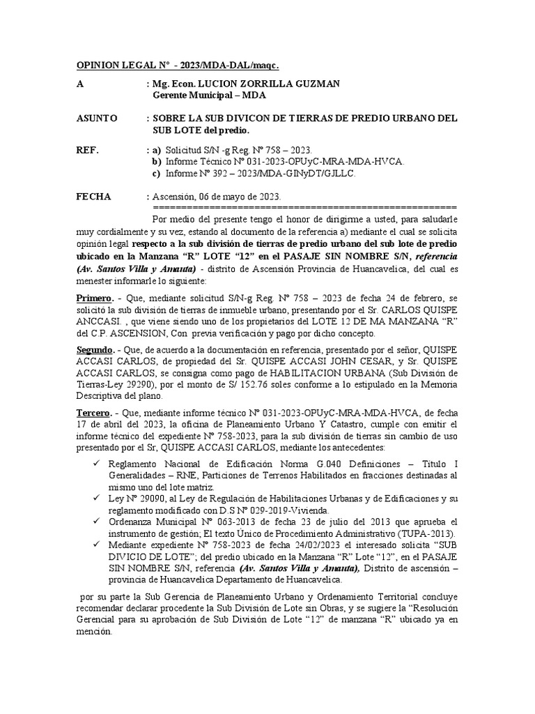 Opinión Legal sobre Subdivisión de Lote | PDF | Planificación urbana ...