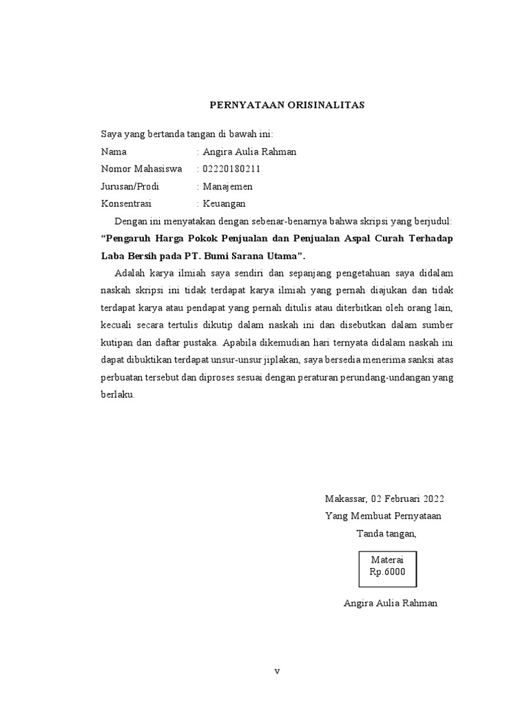 Pernyataan Orisinalitas | PDF