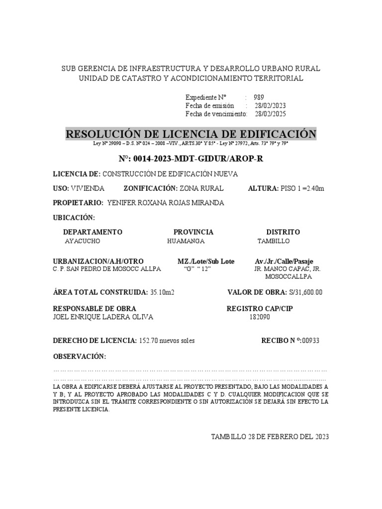 Licencia de Edificacion | Descargar gratis PDF | Zonificación | edificio