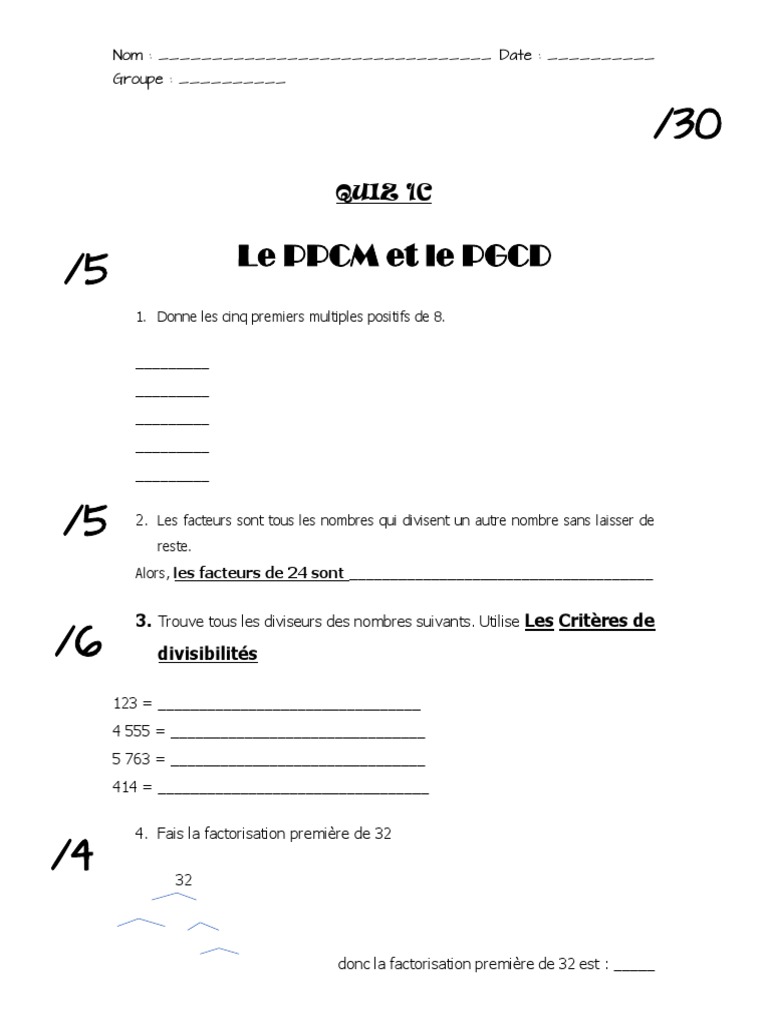 1c Quiz Quiz Ppcm Pgcd Pdf