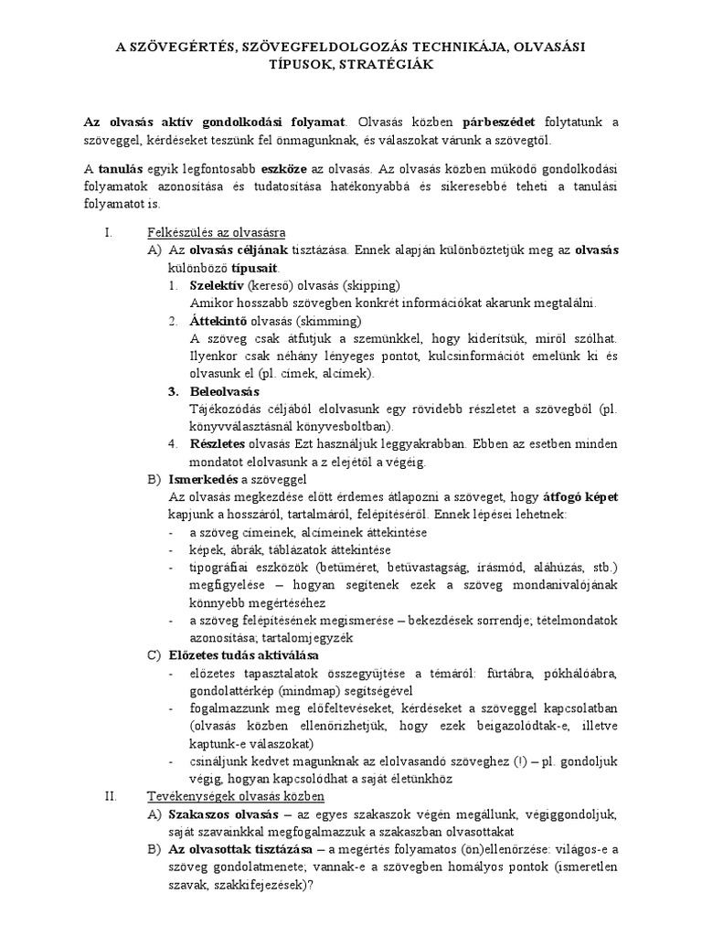 16-A Szövegértés, Szövegfeldolgozás Technikája, Olvasási Típusok És ...
