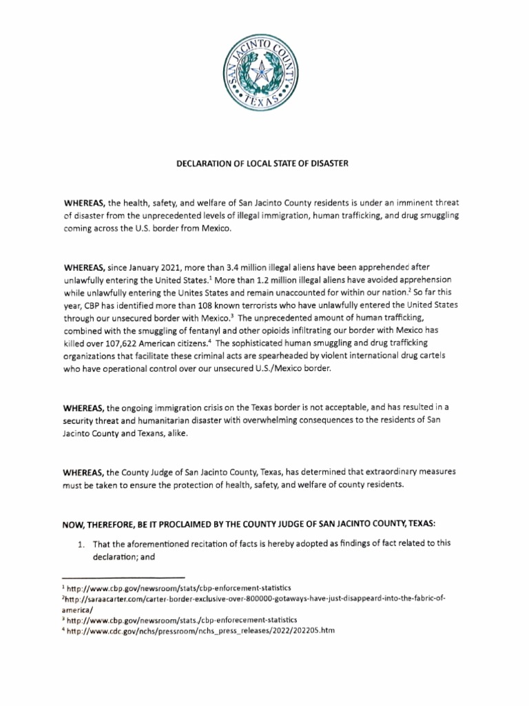 San Jacinto County Disaster Declaration | PDF | State Of Emergency ...
