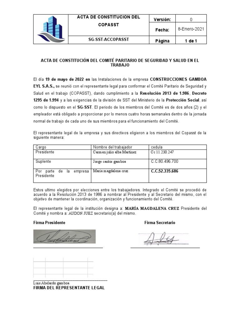 Acta de Constitución Del Comité Paritario de Seguridad y Salud en El ...