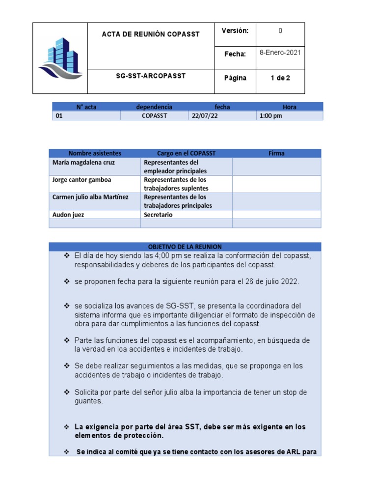 Formato Acta de Reunion Copasst | PDF