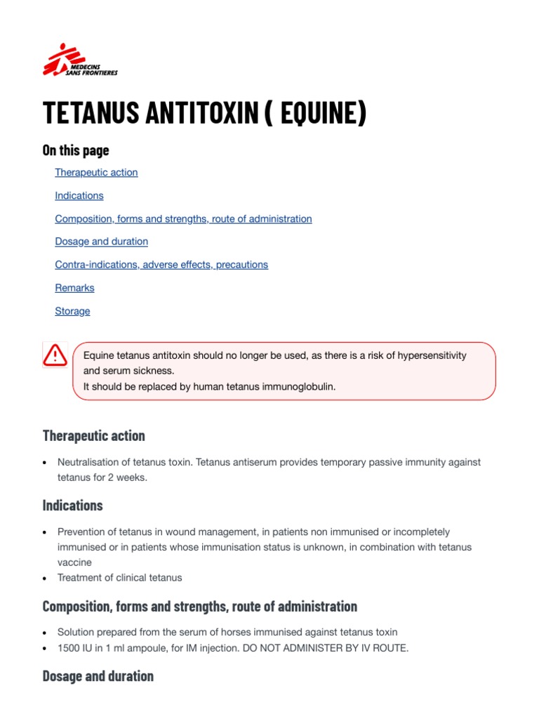 TETANUS ANTITOXIN (EQUINE) - MSF Medical Guidelines | PDF | Injection ...
