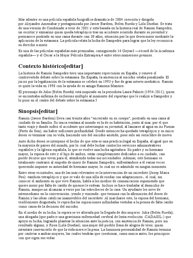 Mar Adentro: Lucha por la Eutanasia | PDF | Historia