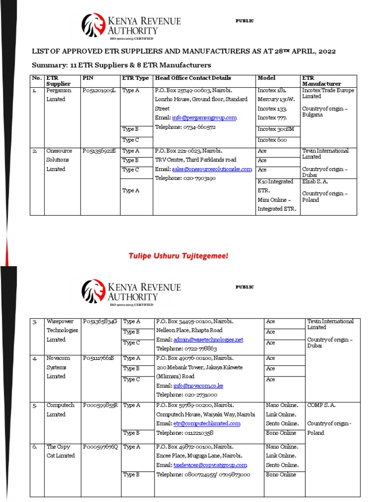 Approved ETR Suppliers in Kenya | PDF | Service Industries