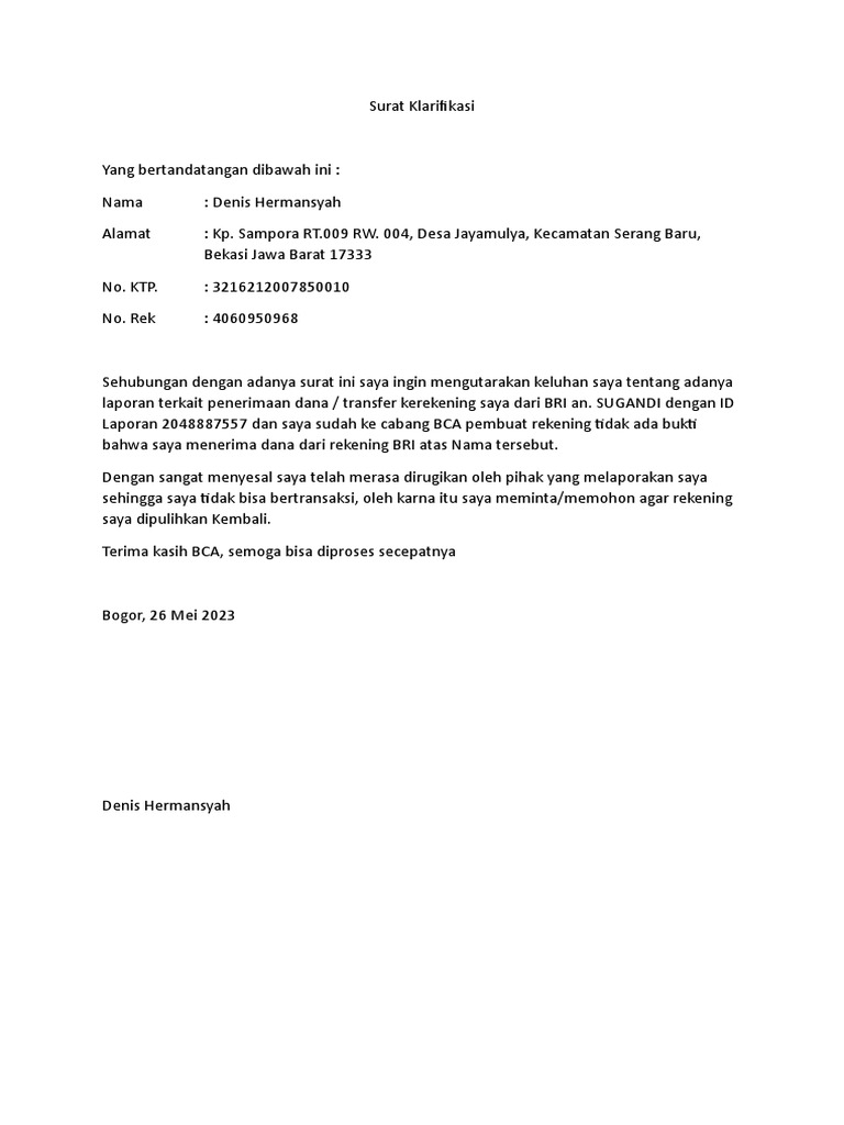 Surat Klarifikasi BCA | PDF