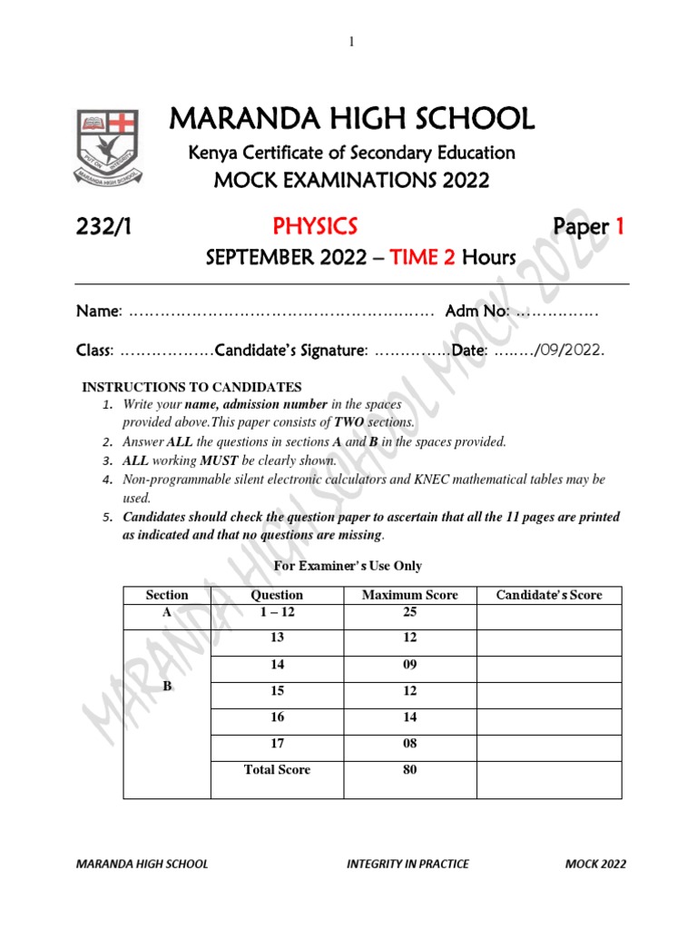 Maranda High School Physics Mock Paper 1 2022 | PDF