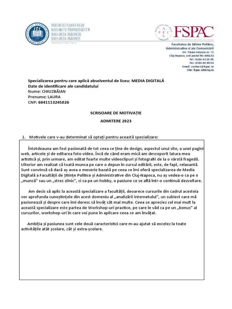 Scrisoare de Motivatie 2022 RO | PDF