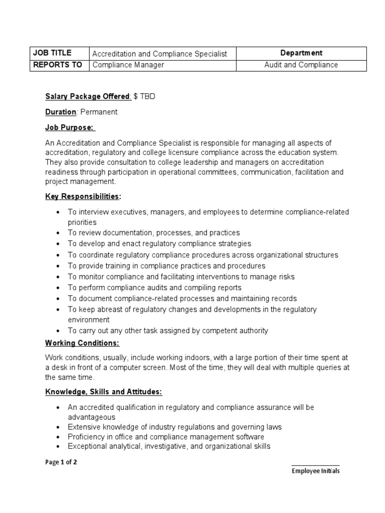 Accreditation and Compliance Specialist Job | PDF | Regulatory ...