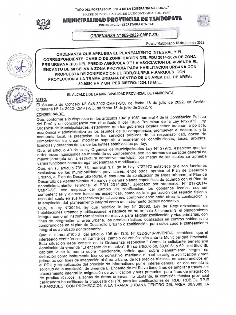 Ordenanza Municipal N°009-2022-Cmpt-So PDF | PDF