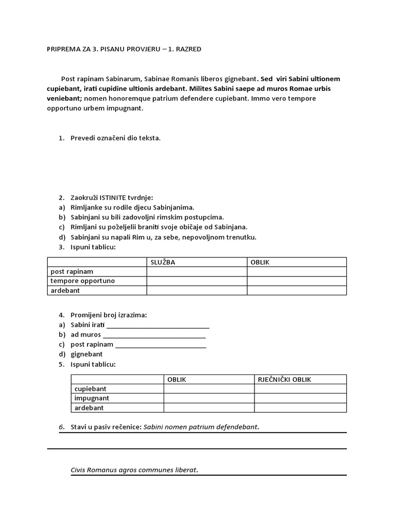 PRIPREMA ZA 3. Pisanu Provjeru - 1. Razred | PDF