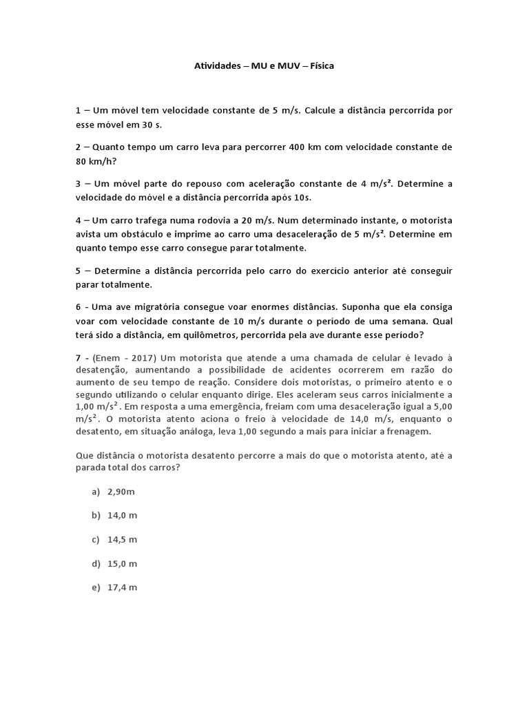 Atividades - MU e MUV | PDF