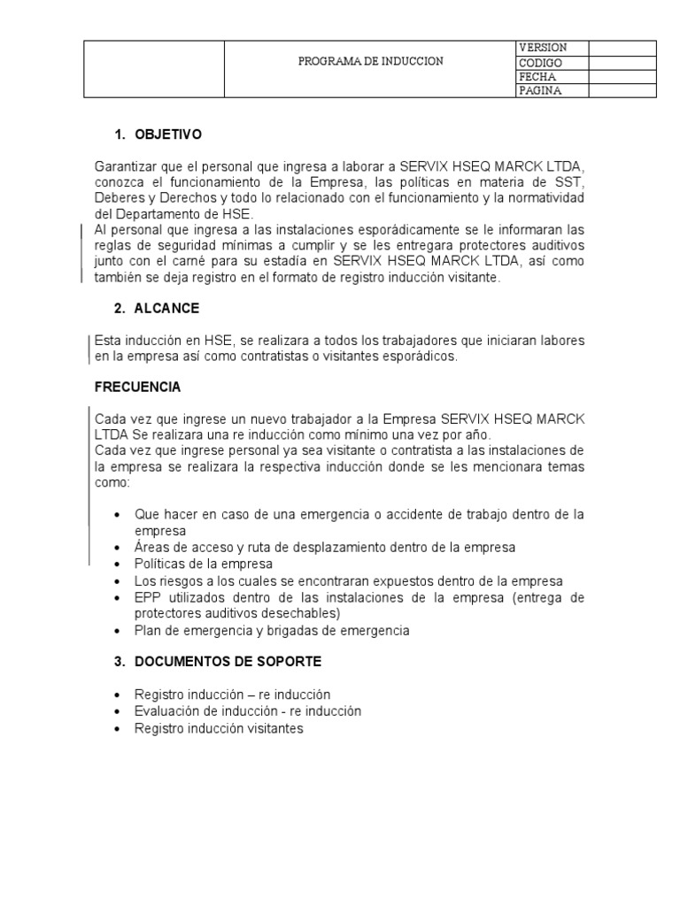 Programa De Induccion En Seguridad Y Salud En El Trabajo Pdf
