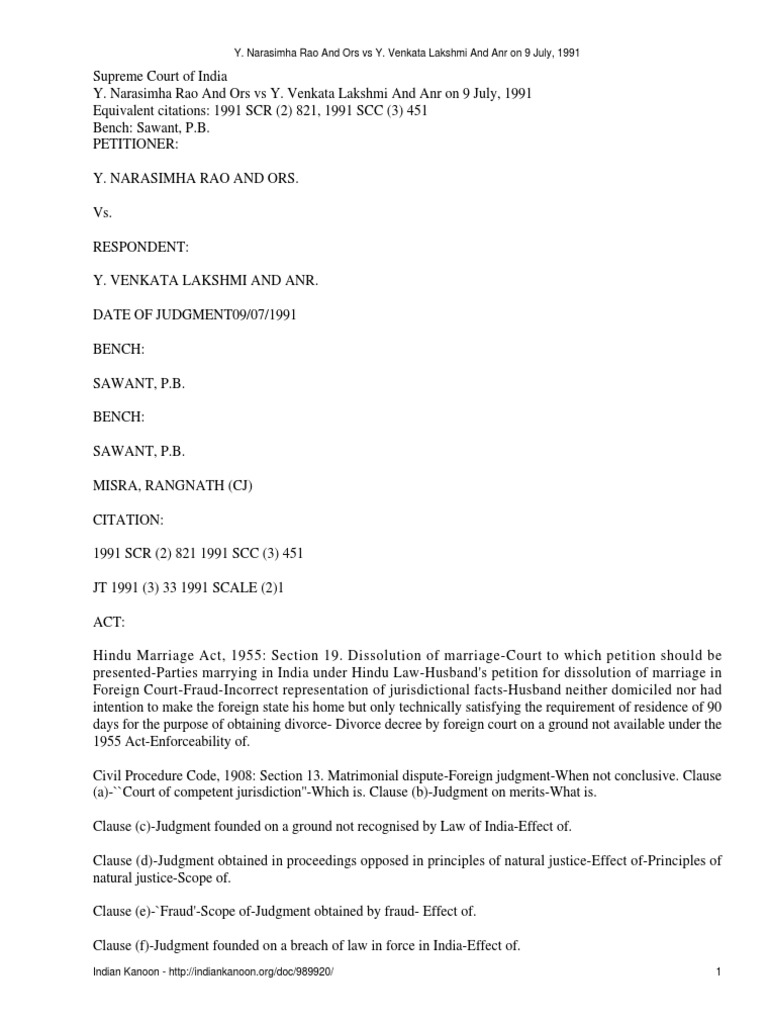 Y. Narasimha Rao and Ors Vs Y. Venkata Lakshmi and Anr On 9 July, 1991 ...