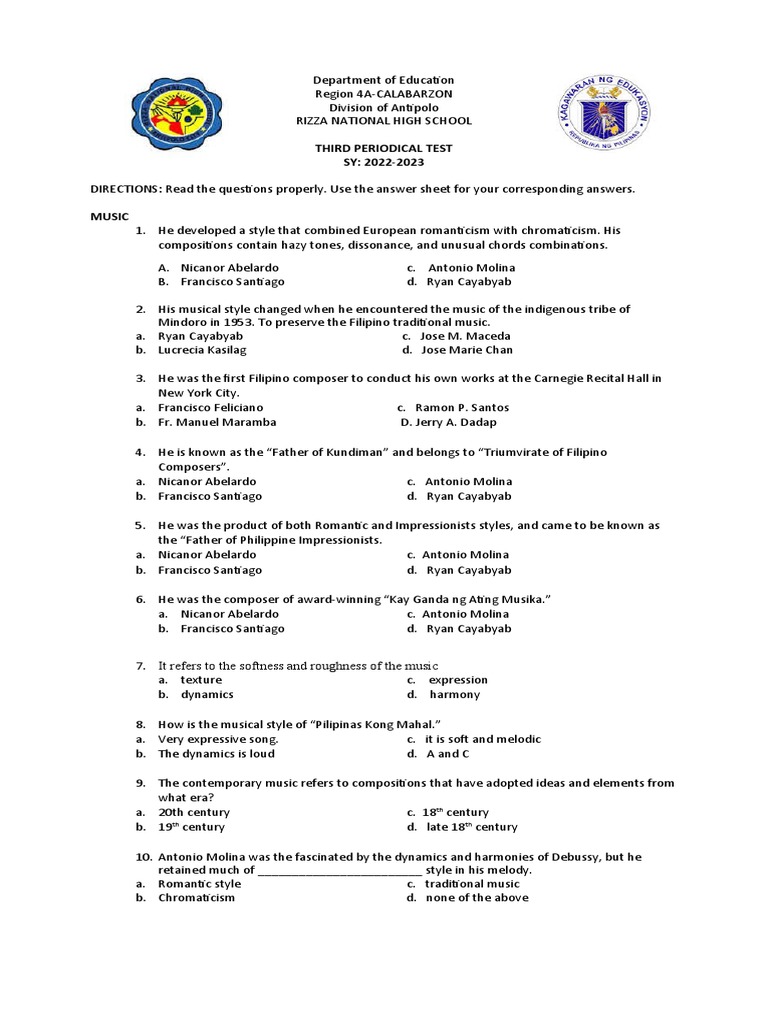 3rd Quarter Exam Grade 10 MAPEH | PDF | Foreign Language Studies