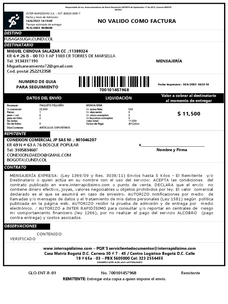 No Valido Como Factura: Mensajería | PDF