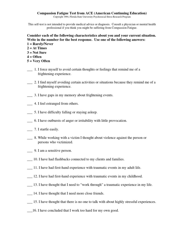 Compassion Fatigue Test From ACE | PDF | Psychological Trauma | Compassion
