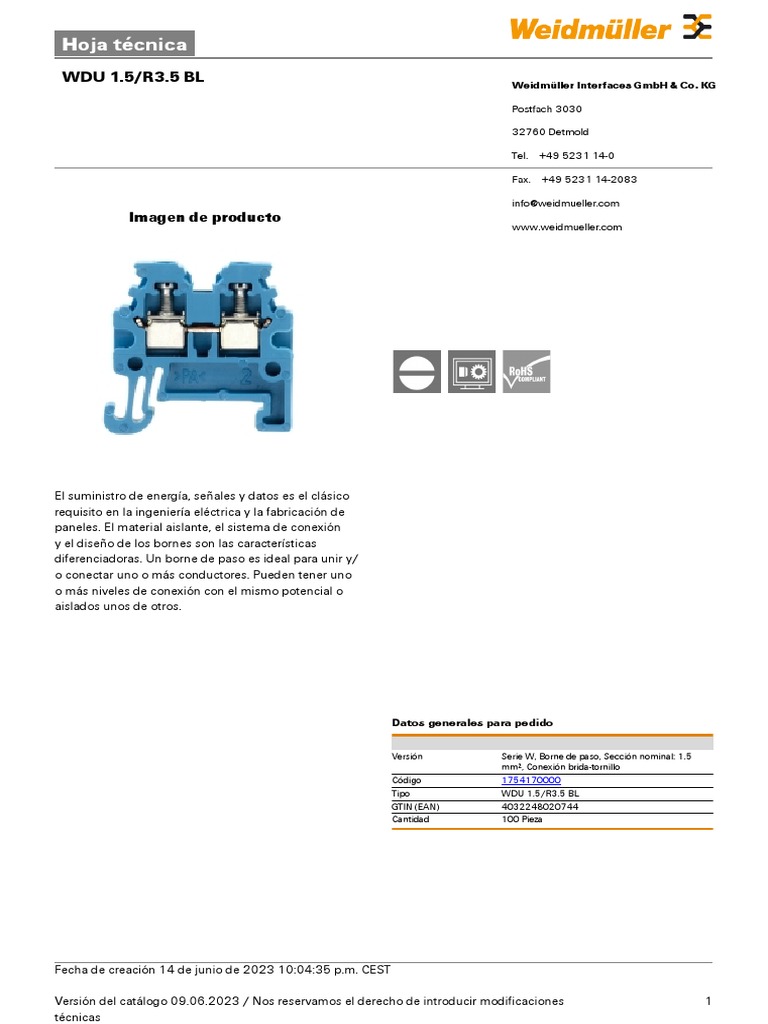 Hoja técnica WDU 1.5/R3.5 BL | PDF | Ciencia de los Materiales ...