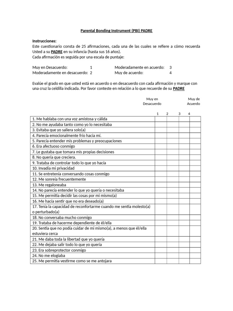 Parental Bonding Instrument (PBI) PADRE Instrucciones | PDF