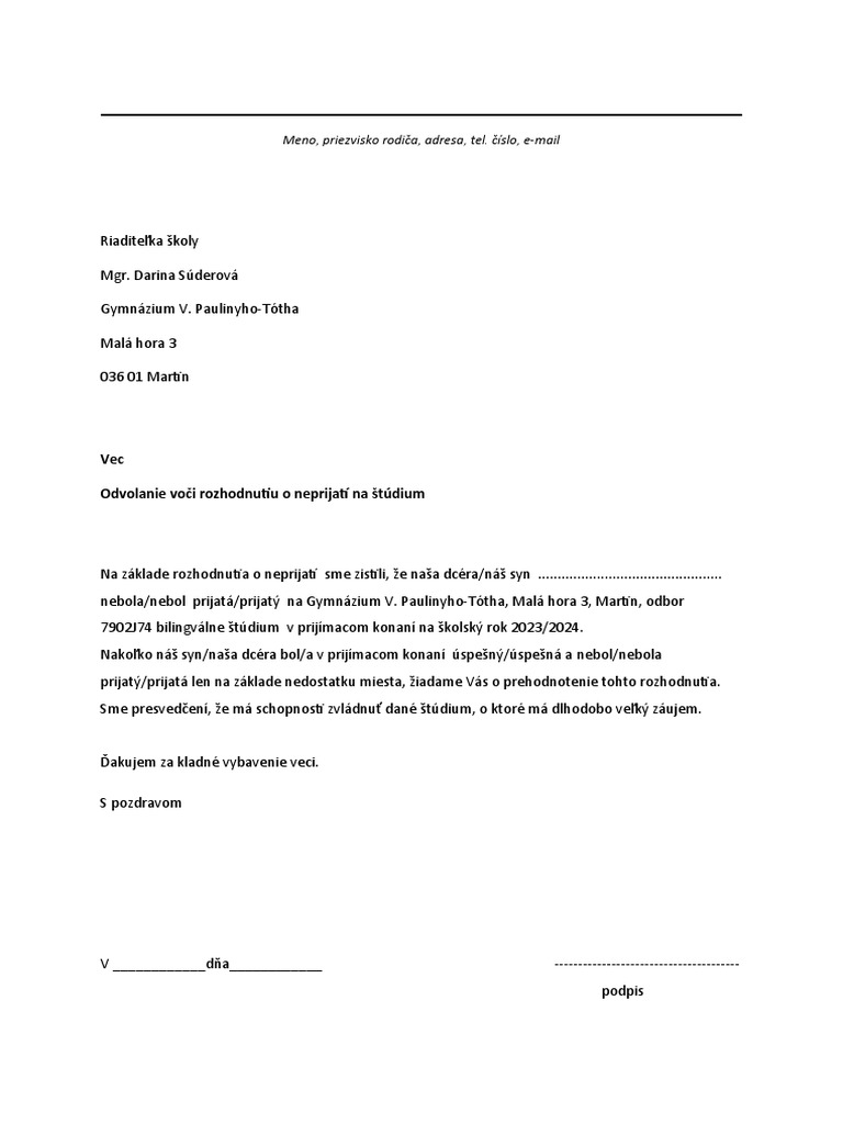 Príloha 5 Vzor - Odvolanie | PDF