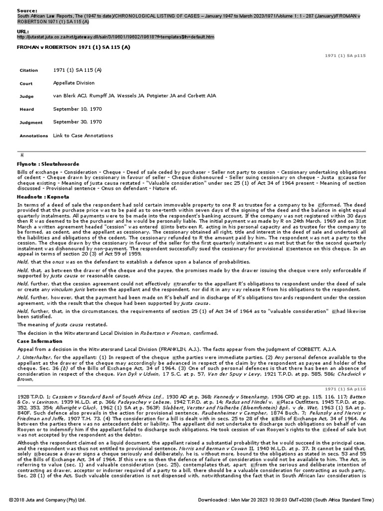 FROMAN V ROBERTSON 1971 (1) SA 115 (A) | PDF