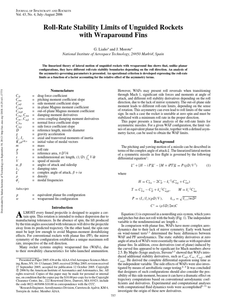 Roll-Rate Stability Limits of Unguided Rockets With Wraparound Fins | PDF