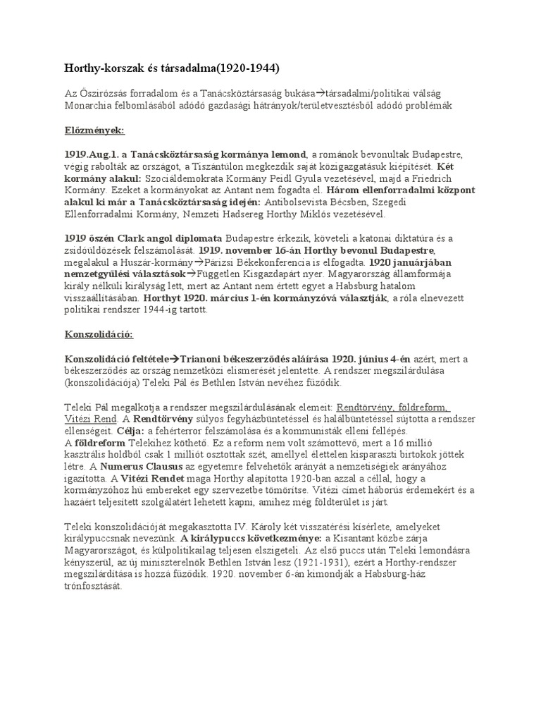 3.Tétel-Horthy Kori Társadalom | PDF