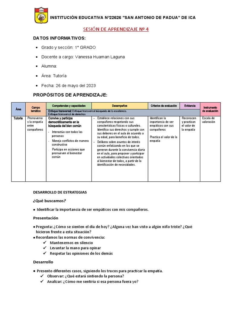 Sesión de Aprendizaje #4 Tutoria | PDF