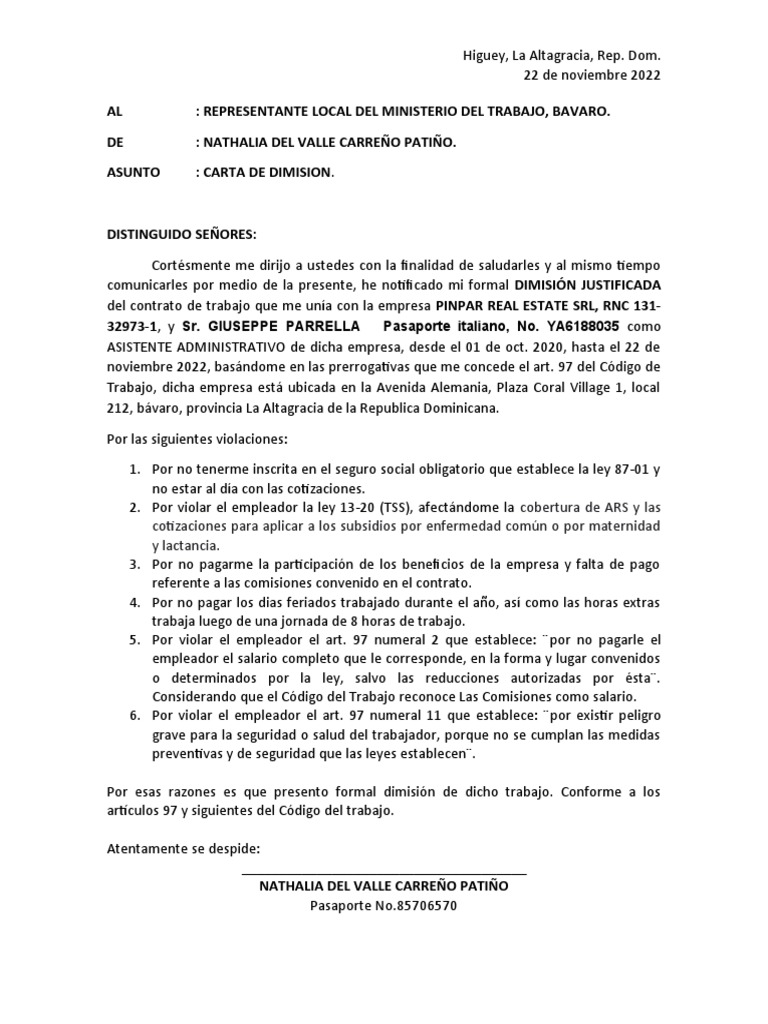 Carta de Dimision - Ministerio Trabajo | PDF | Finanzas y dinero