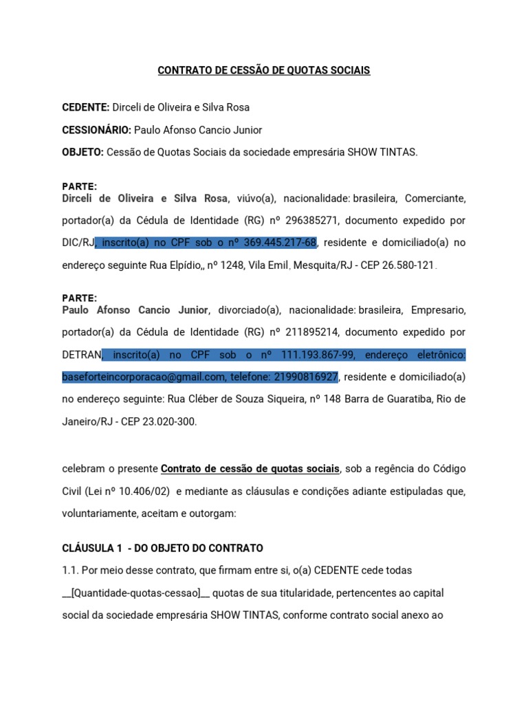 Contrato de cessão de quotas sociais - Paulo Afonso Cancio Junior | PDF