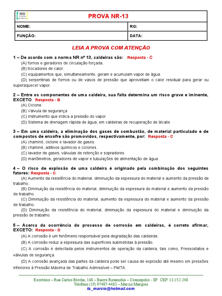 PROVA NR-13 - Gabarito | PDF