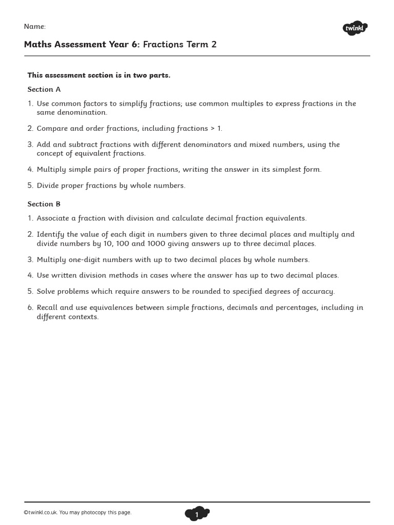 Fractions Term 2 Assessment | PDF | Mathematics | Arithmetic
